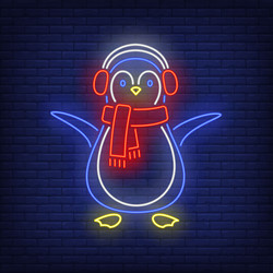 Penguin in skis neon sign Royalty Free Vector Image