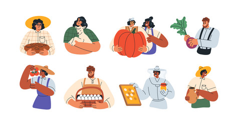 Set of farming cartoon with farmer Royalty Free Vector Image