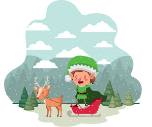 Elf with sleigh and christmas trees falling Vector Image