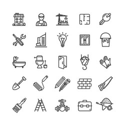 Construction site line icon set cart crane saw Vector Image
