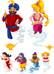 Fat genie flying out of the lamp Royalty Free Vector Image