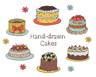 Cakes set hand drawn colorful doodle Royalty Free Vector