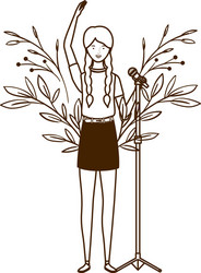 Microphone with stand with branches and leaves Vector Image