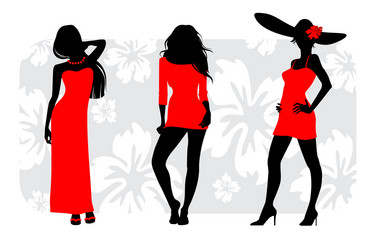 Three girls model in fashionable clothes Vector Image