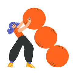 Woman character pushing big orange shape Vector Image