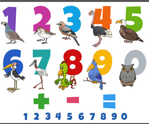Numbers from zero to nine with birds Royalty Free Vector