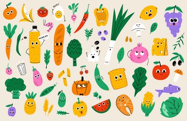 Cartoon food characters big collection Royalty Free Vector