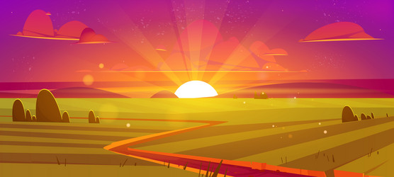Road landscape with rising sun cartoon grassland Vector Image