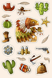 Western wild west art stickers set gun bullets Vector Image