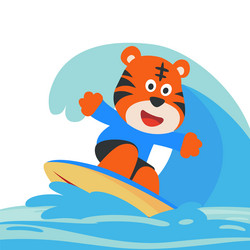 Surfing time with cute little tiger at summer Vector Image