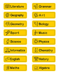 Labels with names and icons school subjects Vector Image