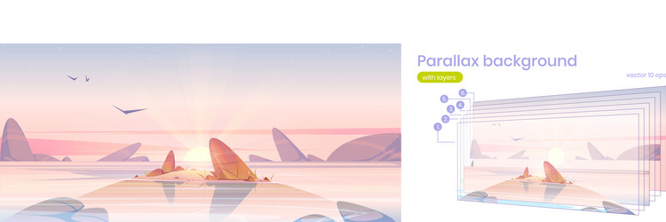 Parallax background with sea beach at sunrise Vector Image