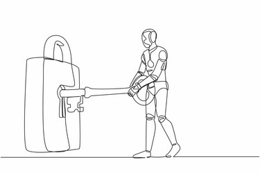 Continuous one line drawing robot putting big key Vector Image