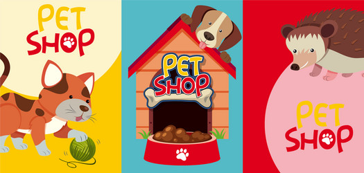 Pet shop poster design with many pets Royalty Free Vector