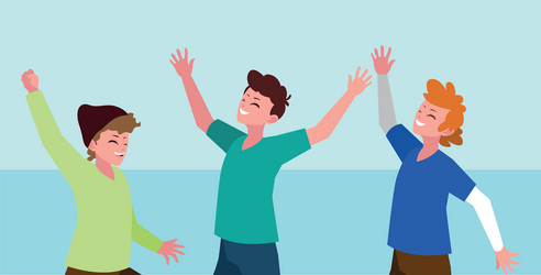 Group young men celebrating with hands up Vector Image
