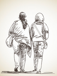 Sketch two walking women in official clothing hand