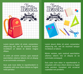 Time back to school posters rucksack on leaflet Vector Image