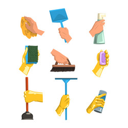 Hands with cleaning tools and cleanser rag Vector Image