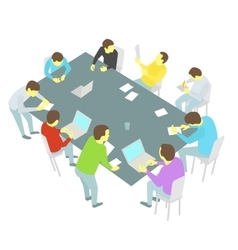 Six cartoon people work sitting round table Vector Image