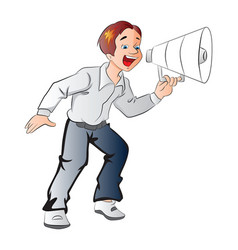 Cartoon boy yelling and shouting into a megaphone Vector Image