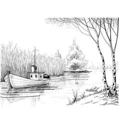 Boat on water under the tree sketch wallpaper Vector Image
