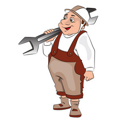 Cartoon fat man plumber with a mustache with tools