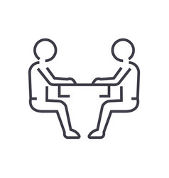 Man working on computer on table sitting back icon