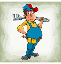 Cartoon fat man plumber with a mustache with tools