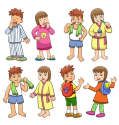 Smiling children doing daily routine in kitchen Vector Image
