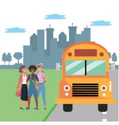 Student diverse group bus stop Royalty Free Vector Image