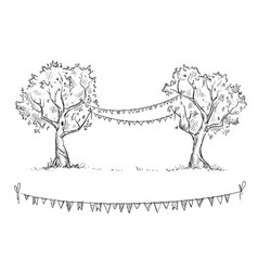 Doodle tree branches and party flags Royalty Free Vector