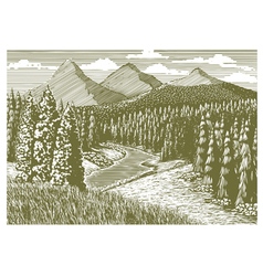 Woodcut Mountain Lake Scene Royalty Free Vector Image