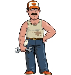 Cartoon fat man plumber with a mustache with tools