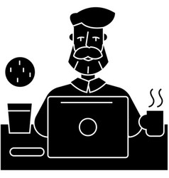 Man working on computer on table sitting back icon