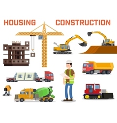 Construction site machineries flat design Vector Image