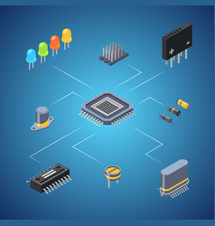 Isometric microchips and electronic parts Vector Image