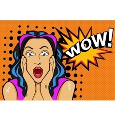 Wow woman points up Royalty Free Vector Image - VectorStock