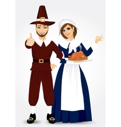 Thanksgiving day of pilgrim couple waving Vector Image