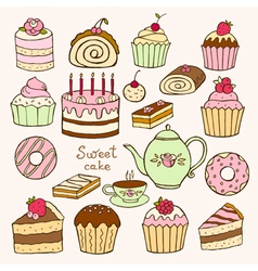 Cakes set hand drawn colorful doodle Royalty Free Vector