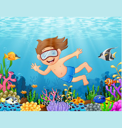 Little boy surfing on a big wave Royalty Free Vector Image