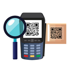 Magnifying glass checking qr-code on green apple Vector Image