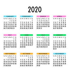 Calendar 2020 in english week starts Royalty Free Vector