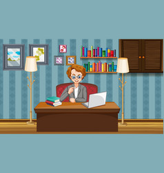 Scene with boy working on computer at home Vector Image