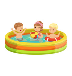 Kids cartoon playing in an inflatable pool Vector Image