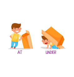 Little boy and carton box as prepositions place Vector Image