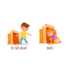 Little boy and carton box as prepositions place Vector Image