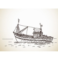 Fishing boat ocean waves engraving sketch Vector Image