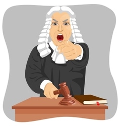 Angry male judge holding gavel and pointing up Vector Image