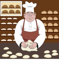 Cartoon baker with fresh bread and a shovel in his
