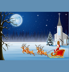 Santa rides reindeer sleigh flying in the sky Vector Image